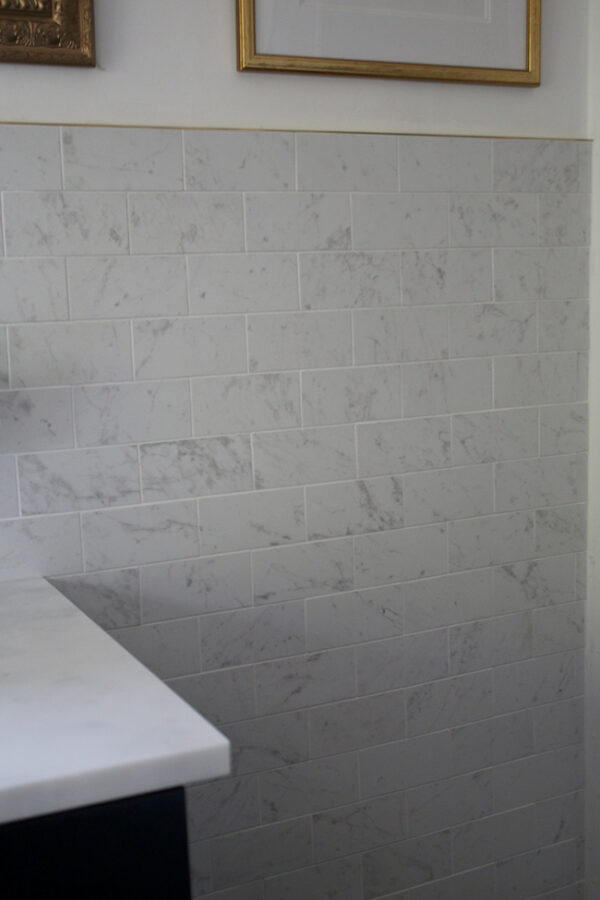 Marble Effect Kitchen Tiles and Brass Trim with Tile Mountain - Swoon ...